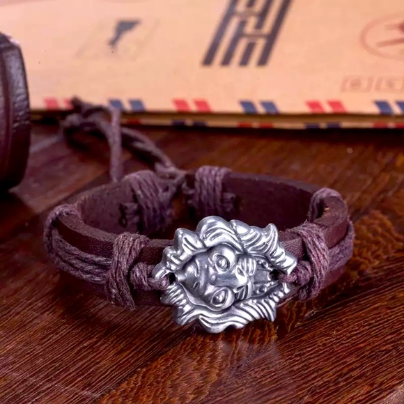 boho | Accessories | Mens Leather Handmade Braided Lion Head Bracelet ...
